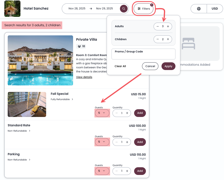 Cloudbeds Booking Engine Plus Filters Logic and Guest Steppers – Cloudbeds